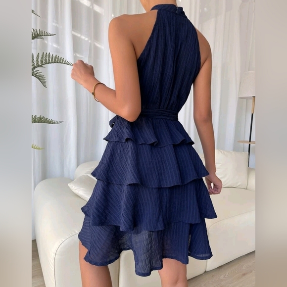 Dresses | New Chic Textured Layered Ruffle Halter Dress Navy Blue ...